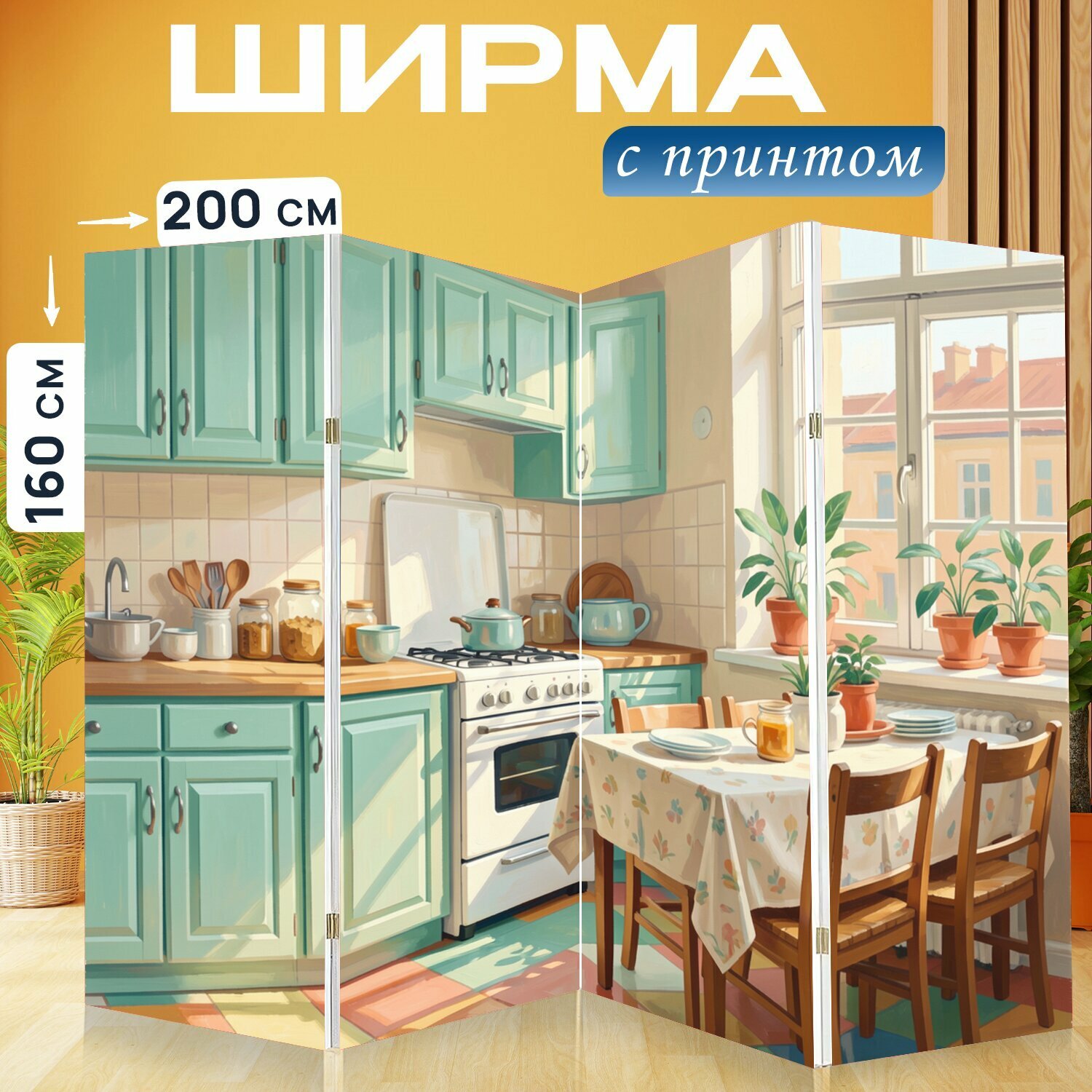 Ширма "Уютная кухня в пастельных тонах. Светлый интерьер с мятными шкафчиками, обеденным столом, плитой." перегородка для зонирования комнаты с принтом 200x160 см. на холсте