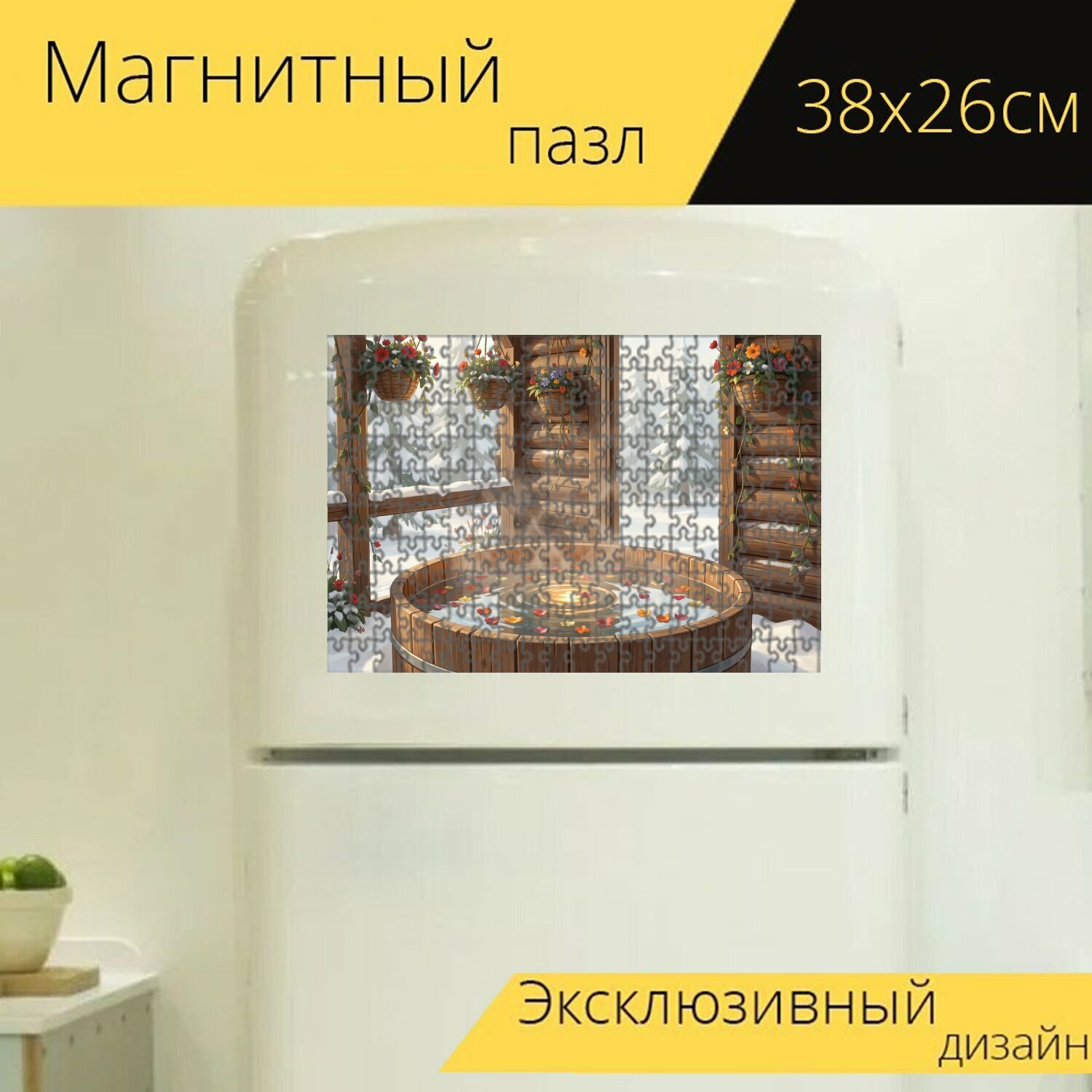 Магнитный пазл "Зимняя купель в деревянной бане. Уютный рустикальный интерьер с круглой деревянной купелью, паром и лепестками на воде. За окном снежный." для интерьера, 38х26 см.