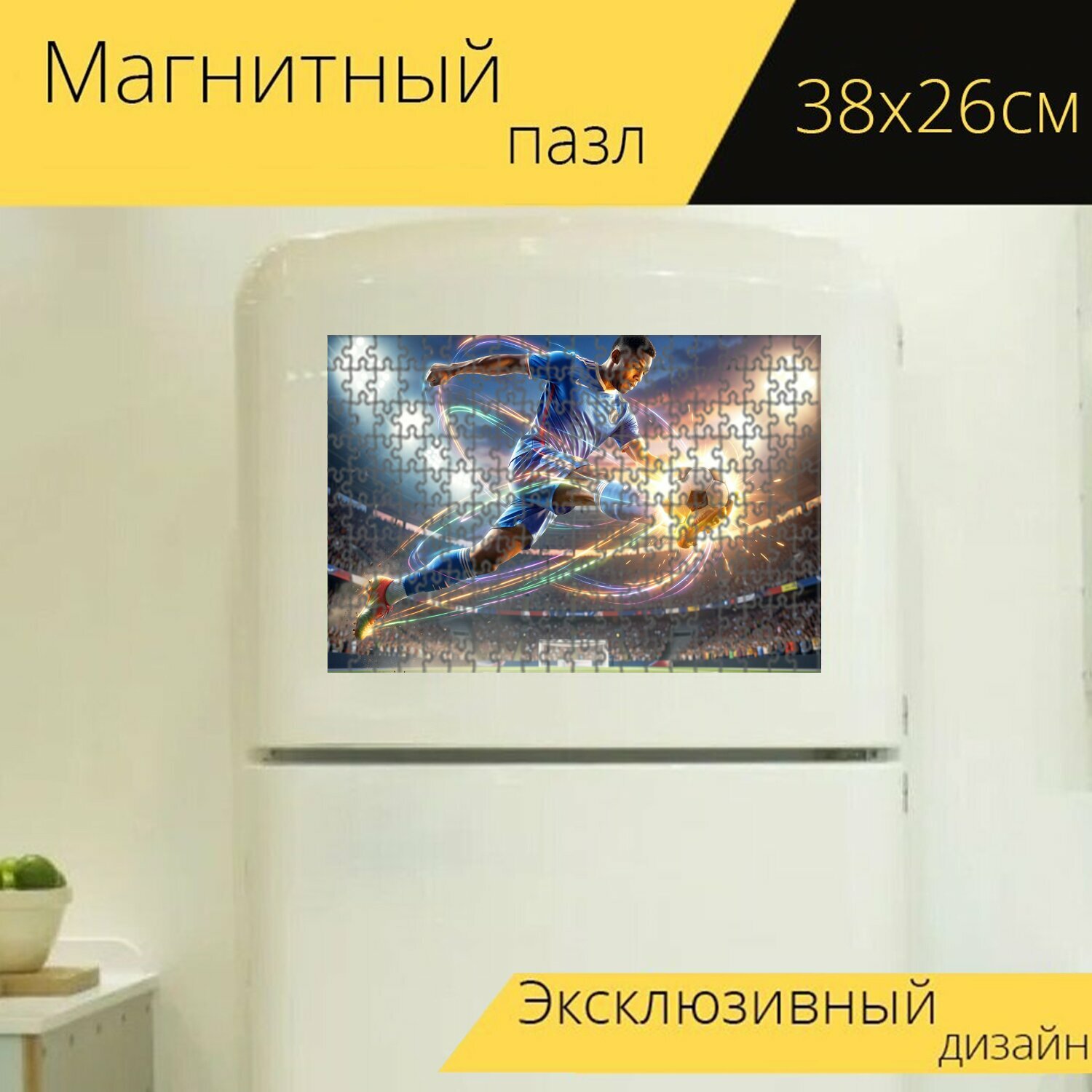Магнитный пазл "Футболист в эффектном прыжке. Динамичный спортивный сюжет: атлет в синей форме бьёт мяч на стадионе при ярких прожекторах, с неоновыми." для интерьера, 38х26 см.