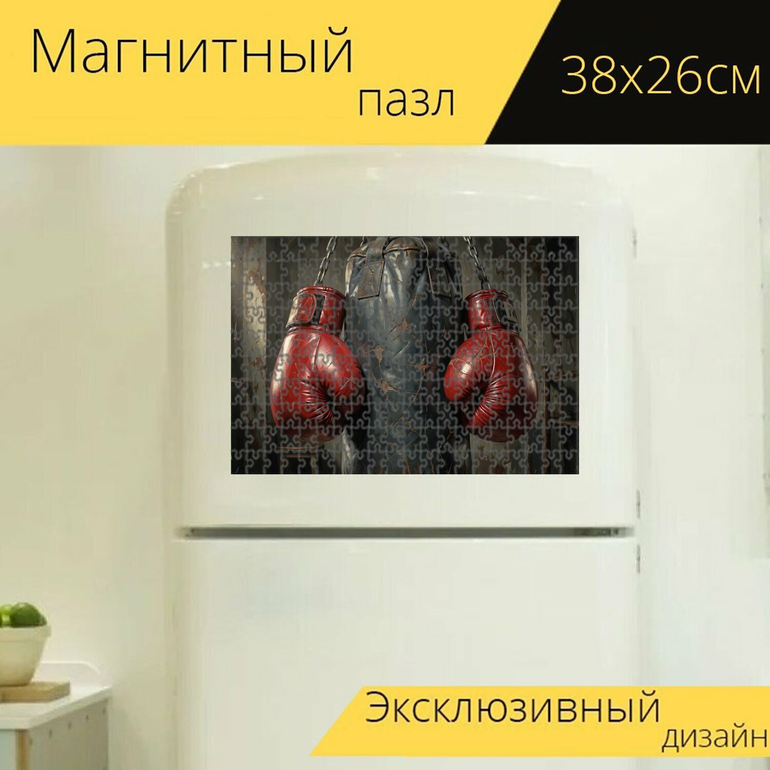 Магнитный пазл "Старинный боксерский зал с грушей. Ретро-интерьер тренировочного зала: потертая кожаная груша на цепях и пара красных перчаток, темные." для интерьера, 38х26 см.