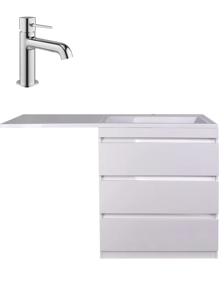 Тумба с раковиной Style Line Даллас 140 под стиральную машину, напольная, 140,2 см, белая, глянцевая, из МДФ, с ящиками, раковина для ванной, из искусственного камня, прямоугольная