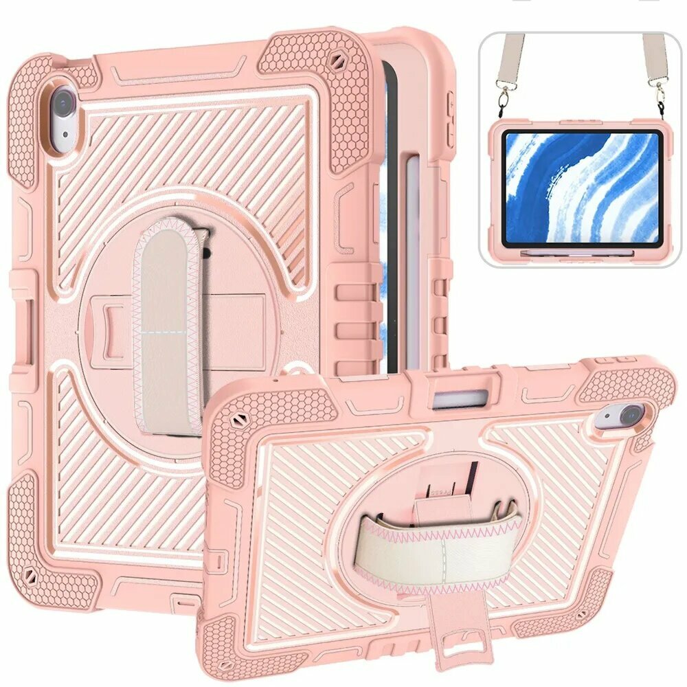 Чехол для iPad Pro 11 (2018, 2020, 2021, 2022)/Air 4/Air 5/Air 11 M2 (2024)/Air 11" M3 (2025) Поворотный кронштейн, контрастный цвет ударопрочный, с ремешок для запястья и плечевой ремень
