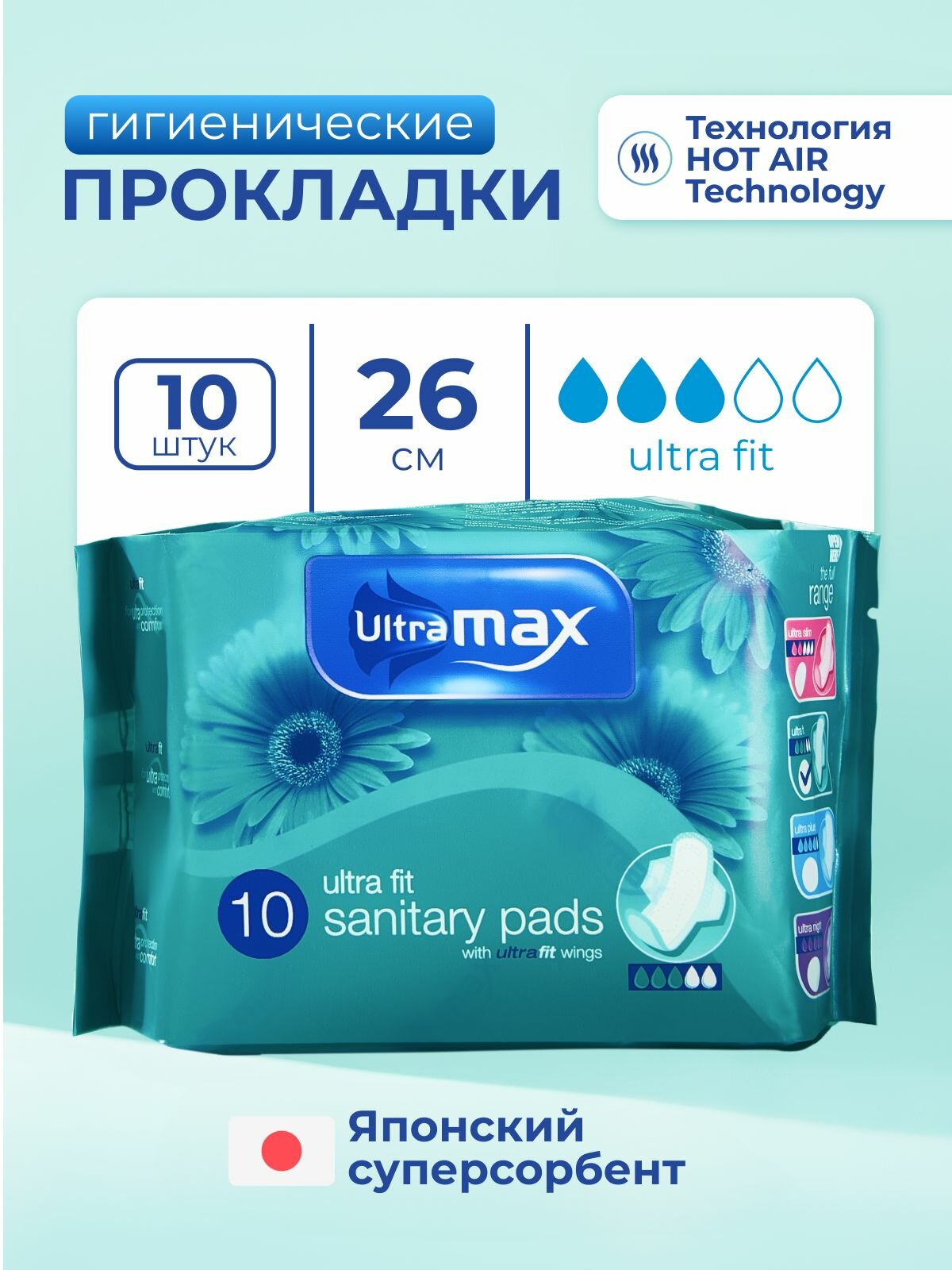 Прокладки женские UltraMax Нормал 10 штук, 3 капли (Ultra Fit)