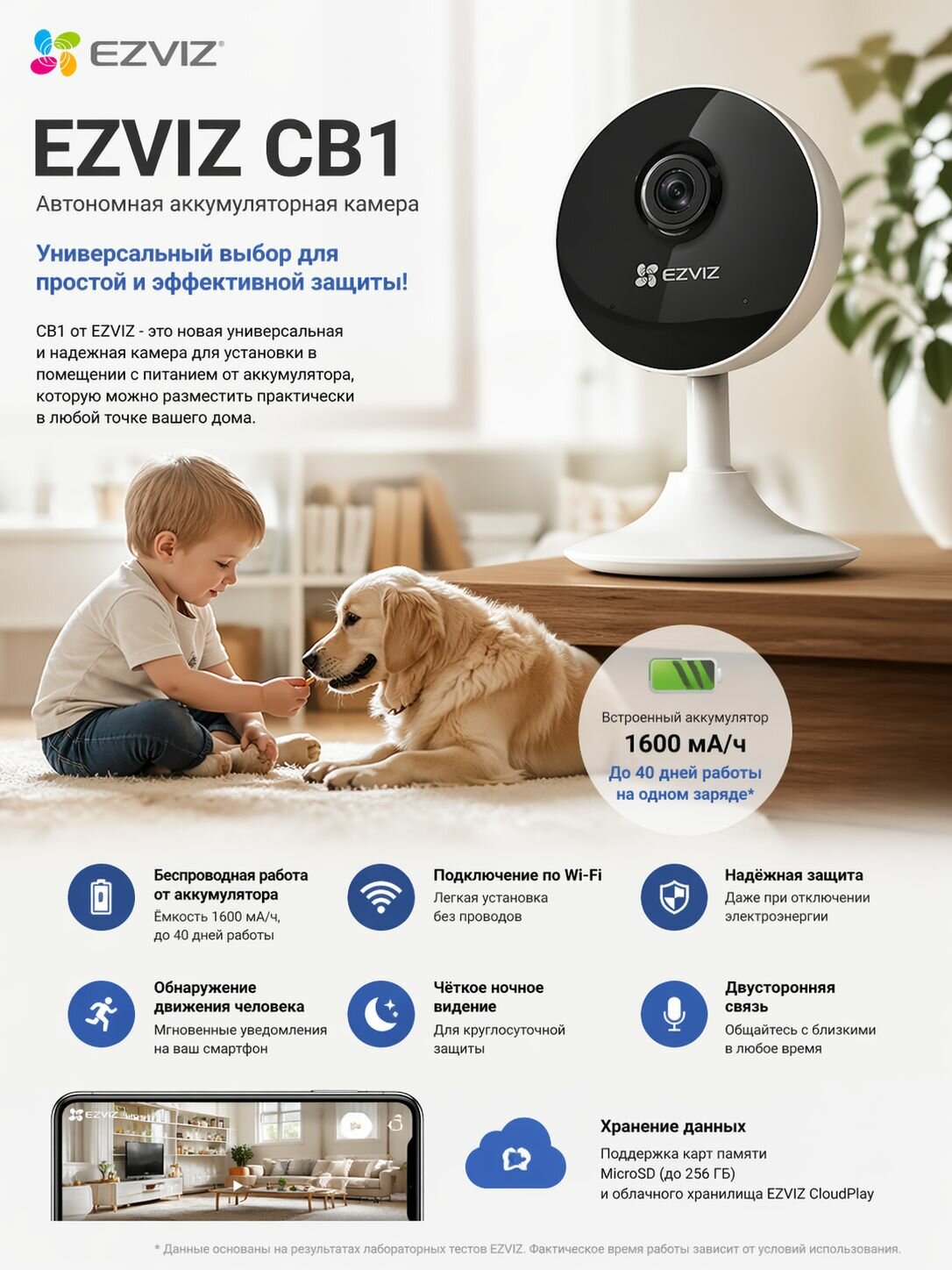 Домашняя камера на аккумуляторе (до 30 дней) c Wi-Fi EZVIZ CB1