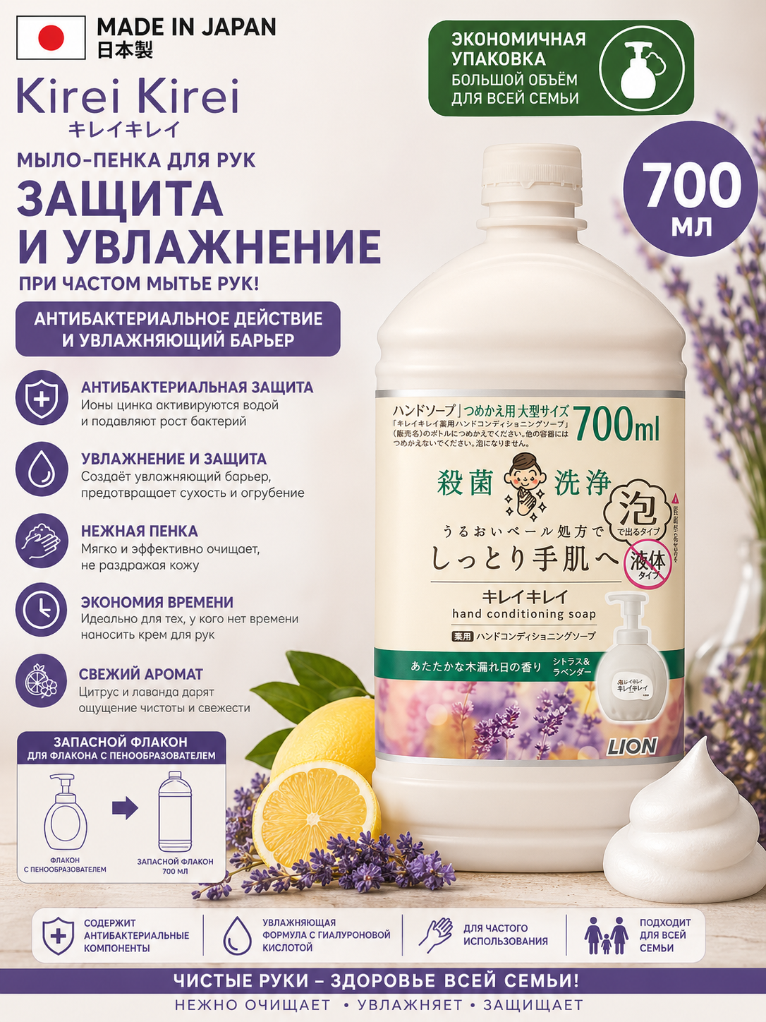 Мыло пенка для рук для дозатора KireiKirei антибактериальное цитрус и лаванда 700 мл