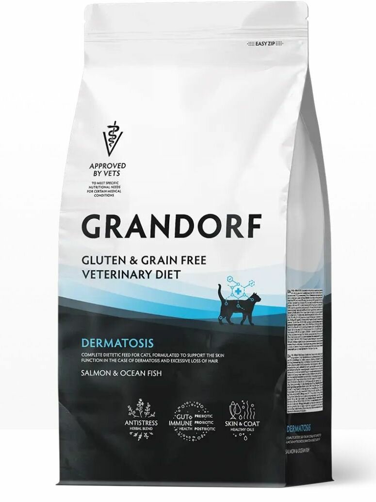 GRANDORF VETERINARY DERMATOSIS полнорационный диетический корм для кошек, предназначенный для поддержания защитных функций кожи при дерматозах и чрезмерном выпадении шерсти.