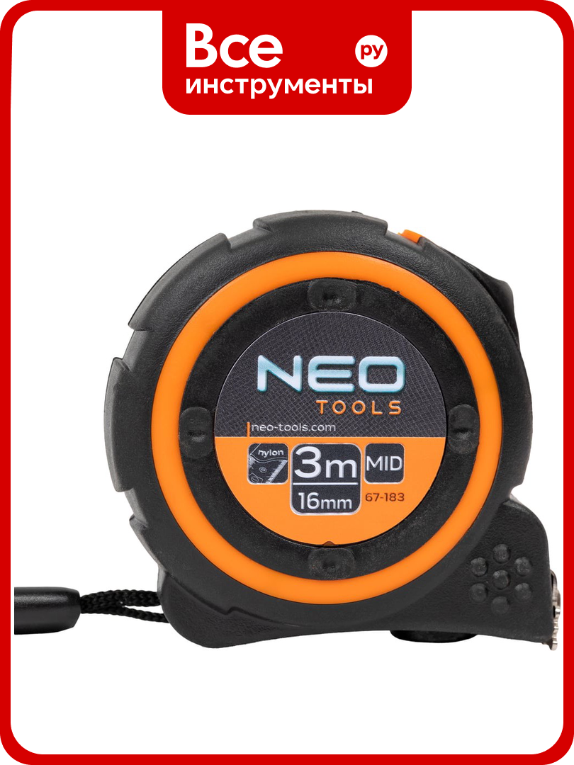 Рулетка NEO Tools двухкомпонентный корпус, 3, стальная лента 3 м x 19 мм магнит 67-183, легко, удерживается