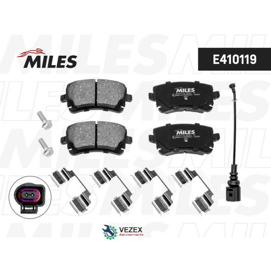 MILES E410119 Колодки тормозные задние с датчиком (Смесь Low-Metallic) VOLKSWAGEN T5 03/MULTIVAN 03 (TRW GDB1557) E410119