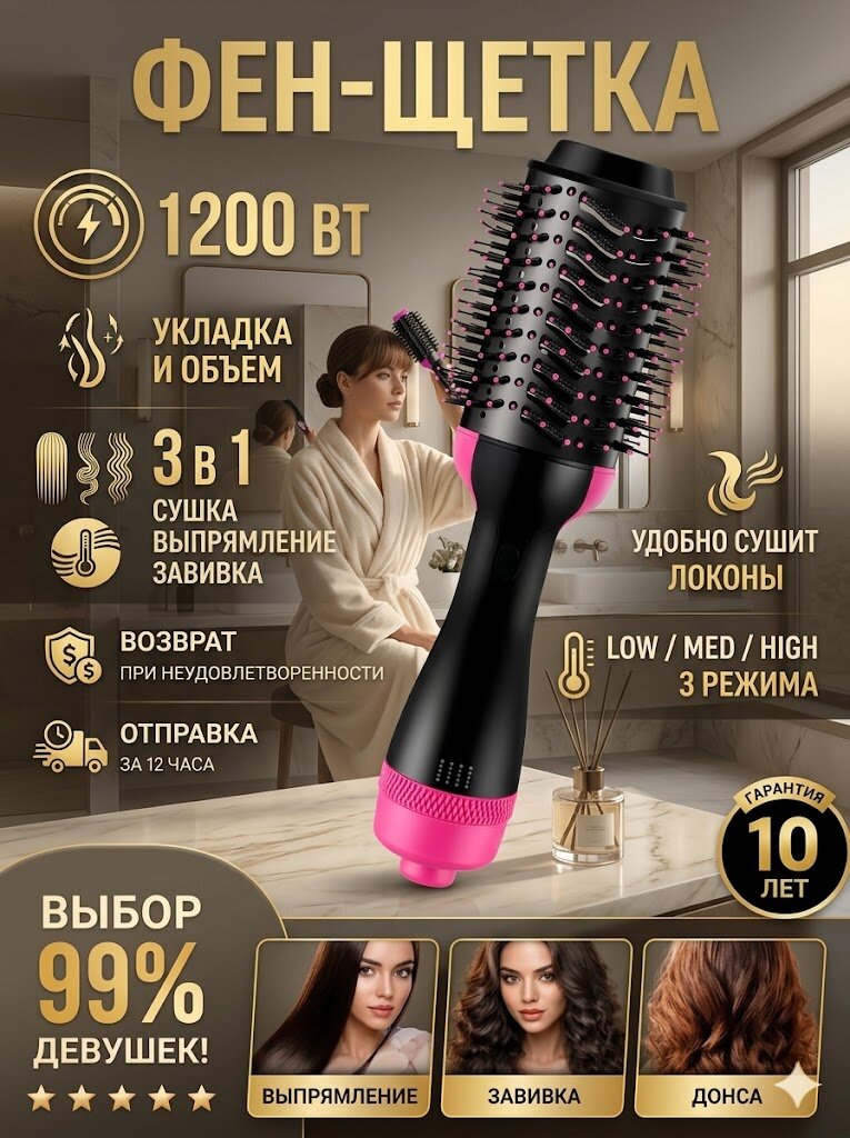 Фен-щетка для волос / Расческа с ионизацией One Step Фен-щётка (расчёска-фен) для волос Hair Dryer 3 в 1