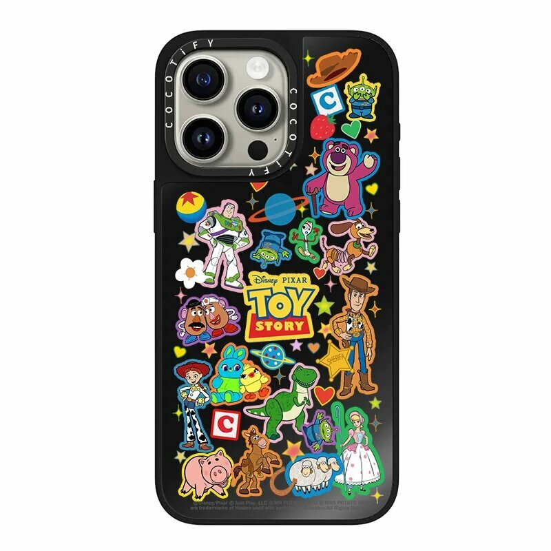 Чехол-крепеж для iPhone 14 с дизайном Семья Игрушек и черным зеркальным покрытием