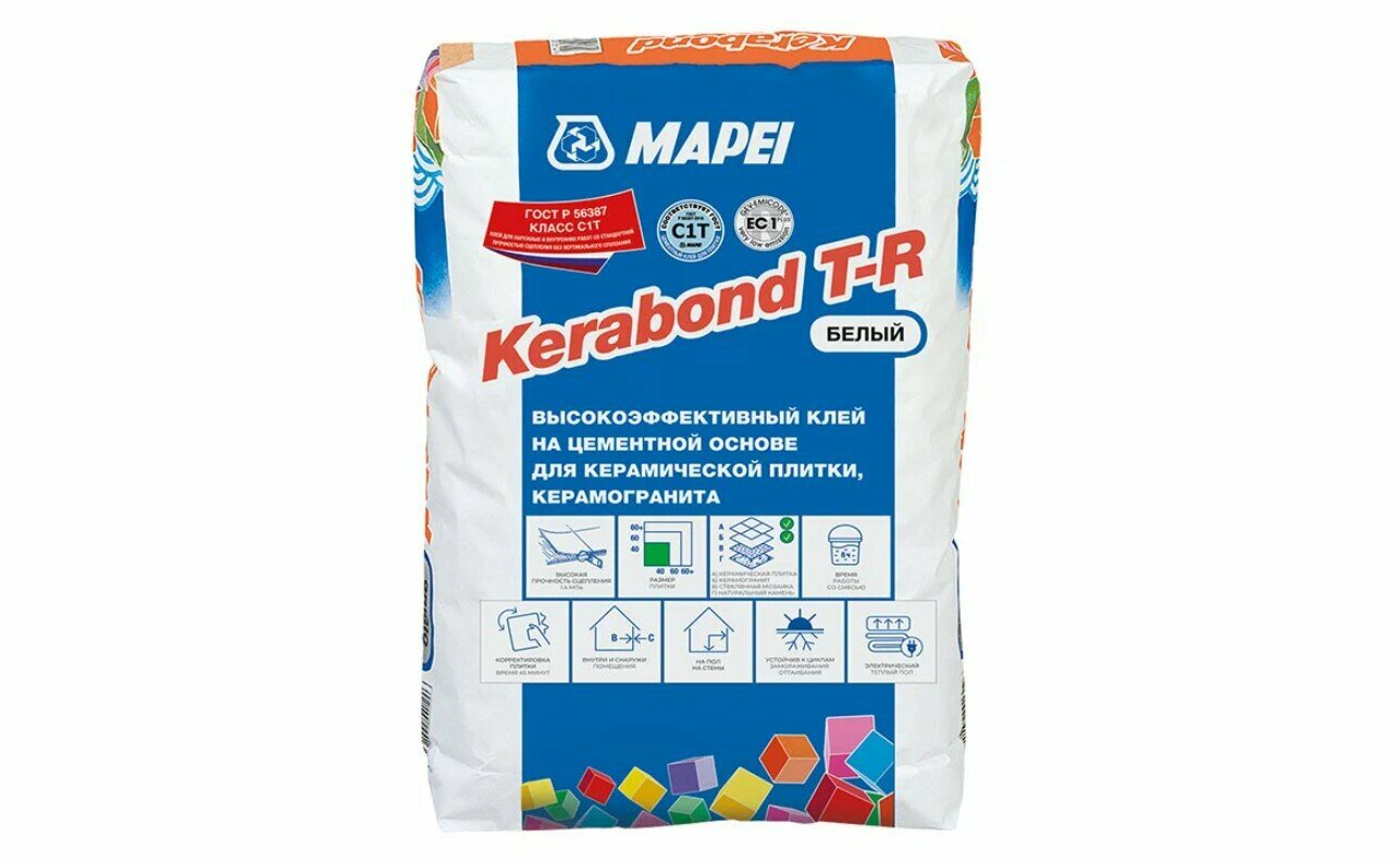 Клей для плитки/ керамогранита/ мозаики/ камня Mapei Kerabond T-R высокопрочный белый класс C1 T 25 кг