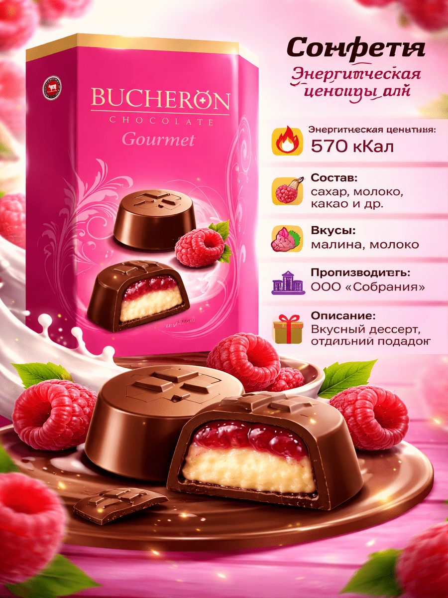 Конфеты Bucheron Gourmet шоколадные малина и молоко, 130г