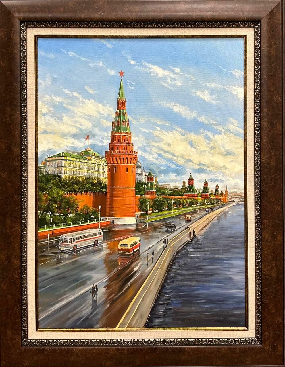 Картина маслом, городской пейзаж "Москва. Кремлевская набережная". Холст/Масло. Размер 70х50. Автор Тихомиров.