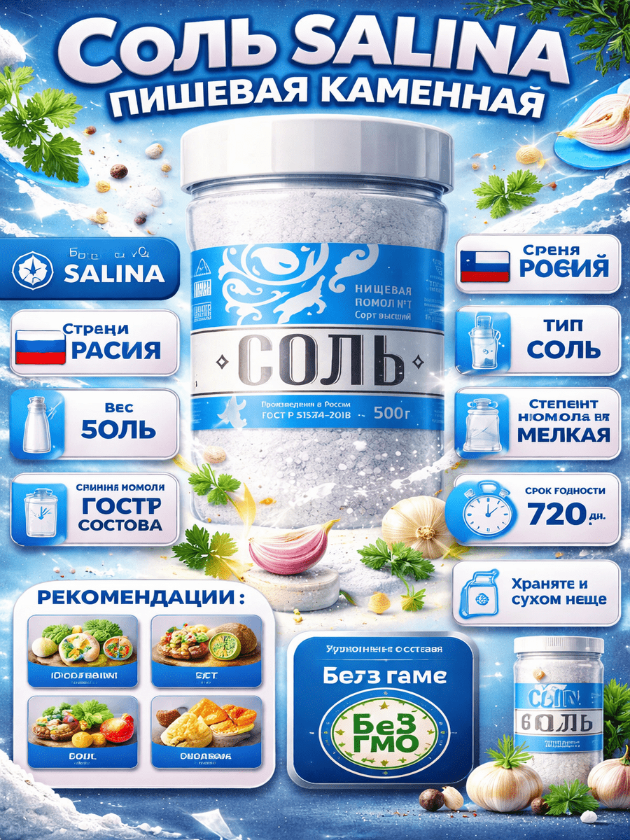 Соль Salina пищевая каменная помол №1, 500г