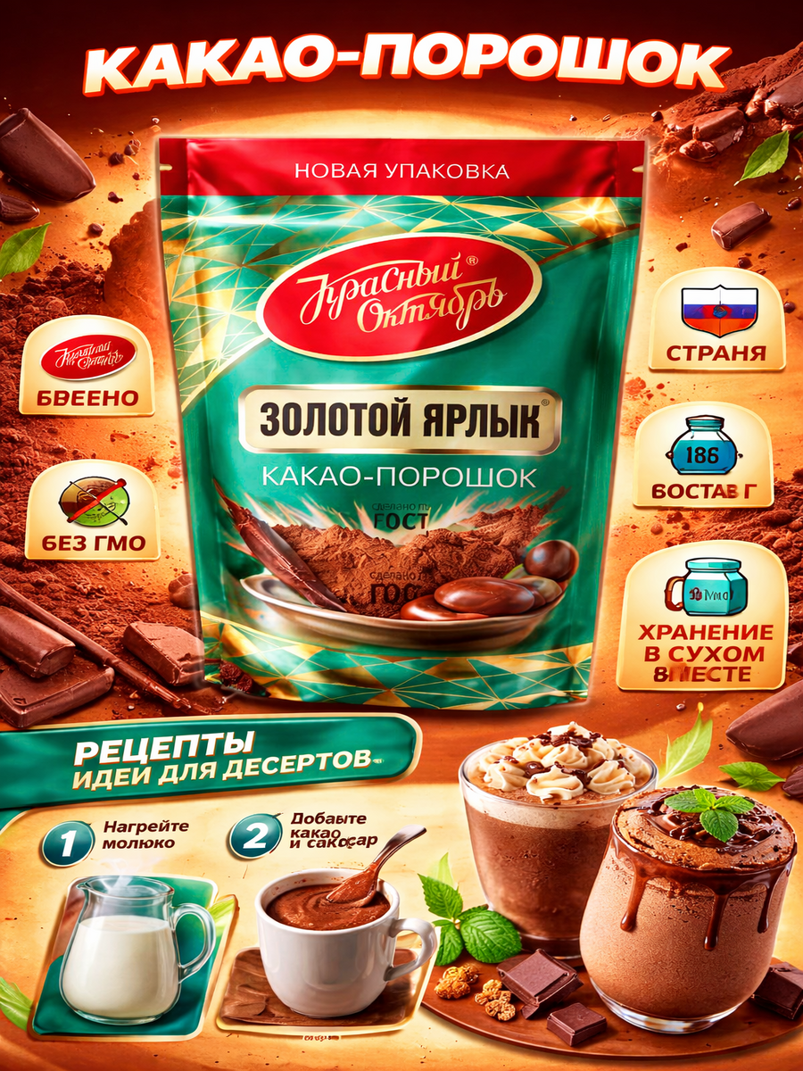 Какао-порошок Красный Октябрь Золотой ярлык, 185г