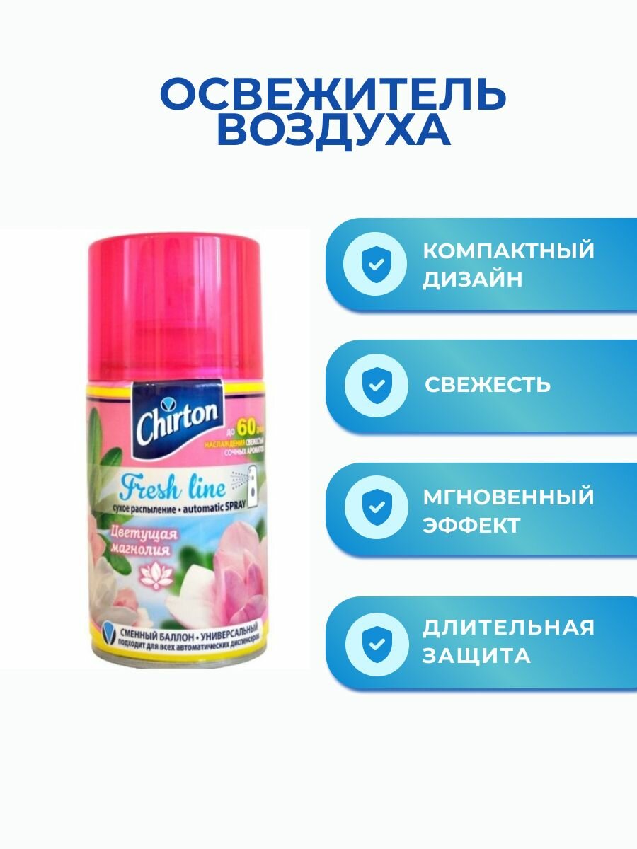 Освежитель воздуха Chirton "Цветущая магнолия" сменный баллон для дома, туалета и ванны, сухое распыление, 250 мл