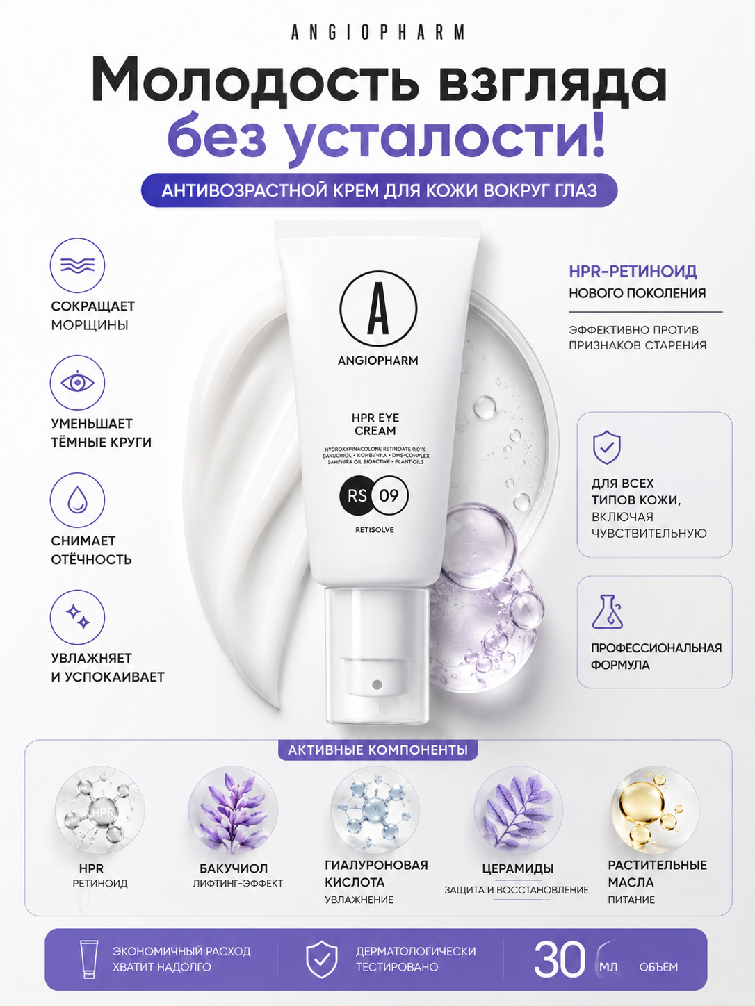 Крем для кожи вокруг глаз Angiopharm HPR, антивозрастной, успокаивающий эффект, 30 мл