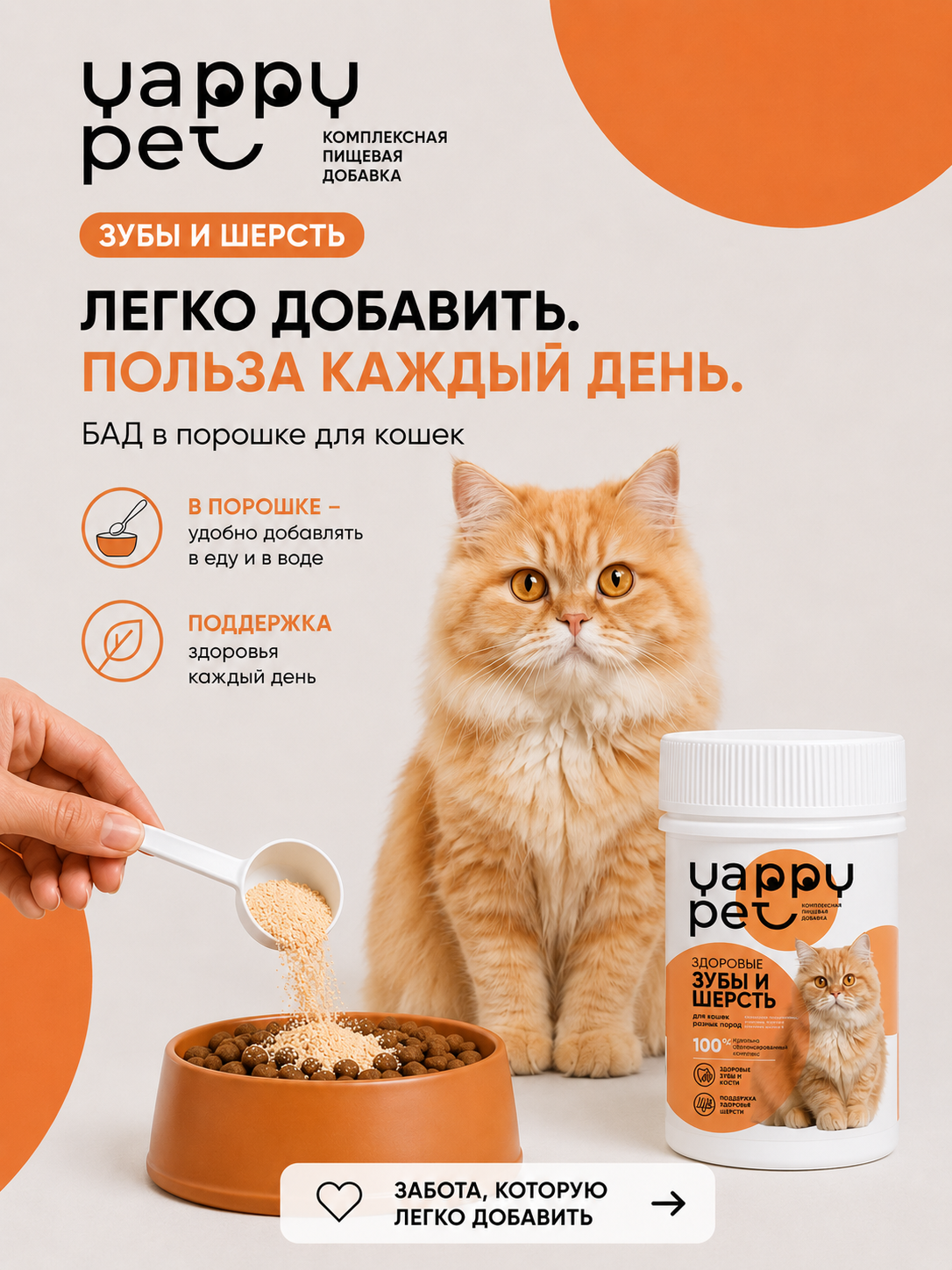 Здоровые зубы и шерсть БАД Yappy Pet для кошек разных пород, 50 г