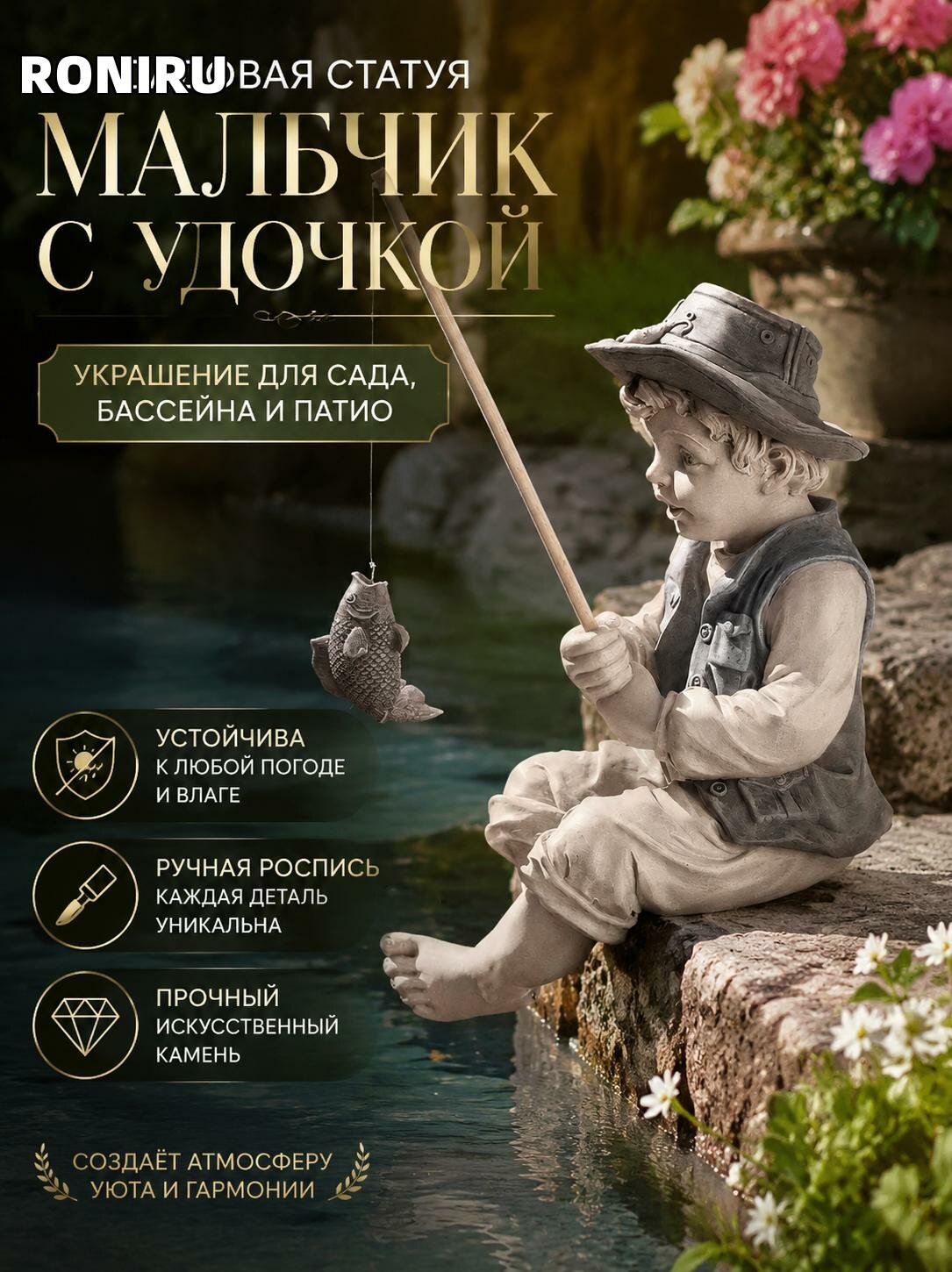 Садовая статуя мальчика с удочкой — украшение для сада и бассейна, ручная роспись, искусственный камень, для патио
