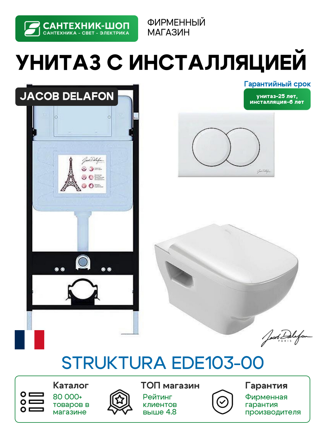 Комплект унитаза с инсталляцией Jacob Delafon Struktura EDE103-00 с сиденьем Микролифт и Белой глянцевой клавишей смыва