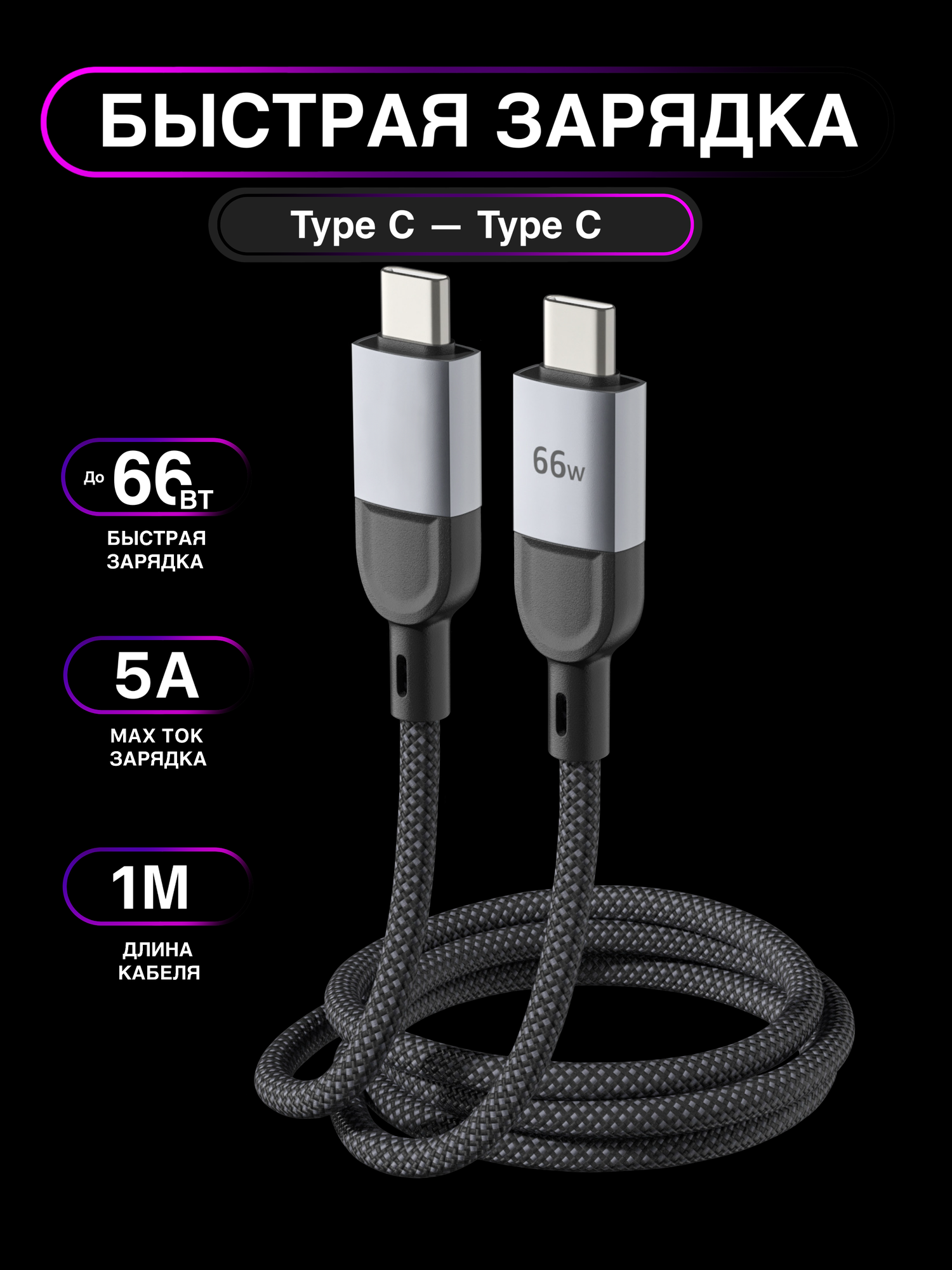 Кабель быстрой зарядки Тип-С Type-C - Тип-С Type-C, 66Вт 6A,