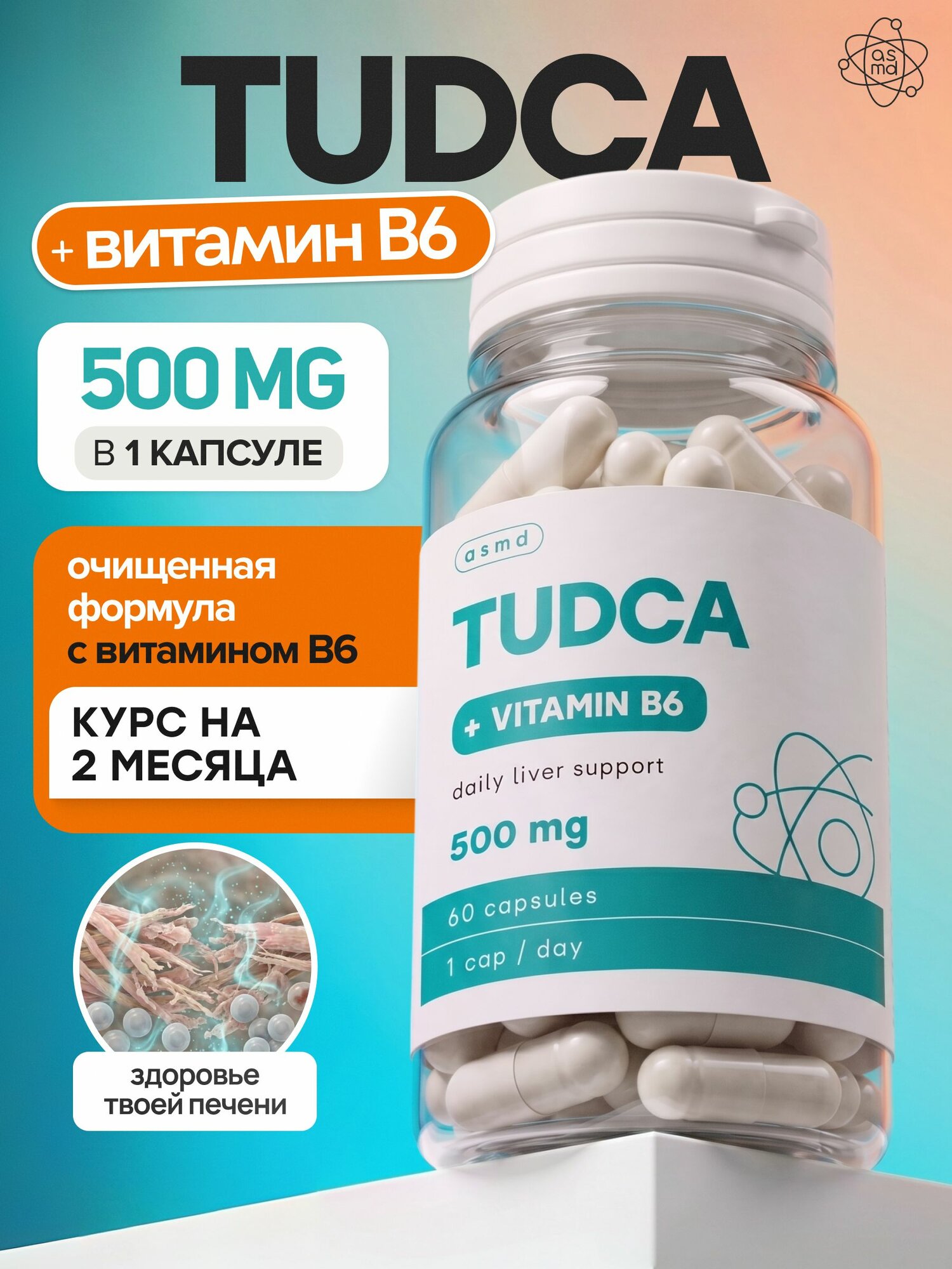 TUDCA (Тудка), 500 мг, Витамин B6 , 60 капсул, курс на 2 месяца