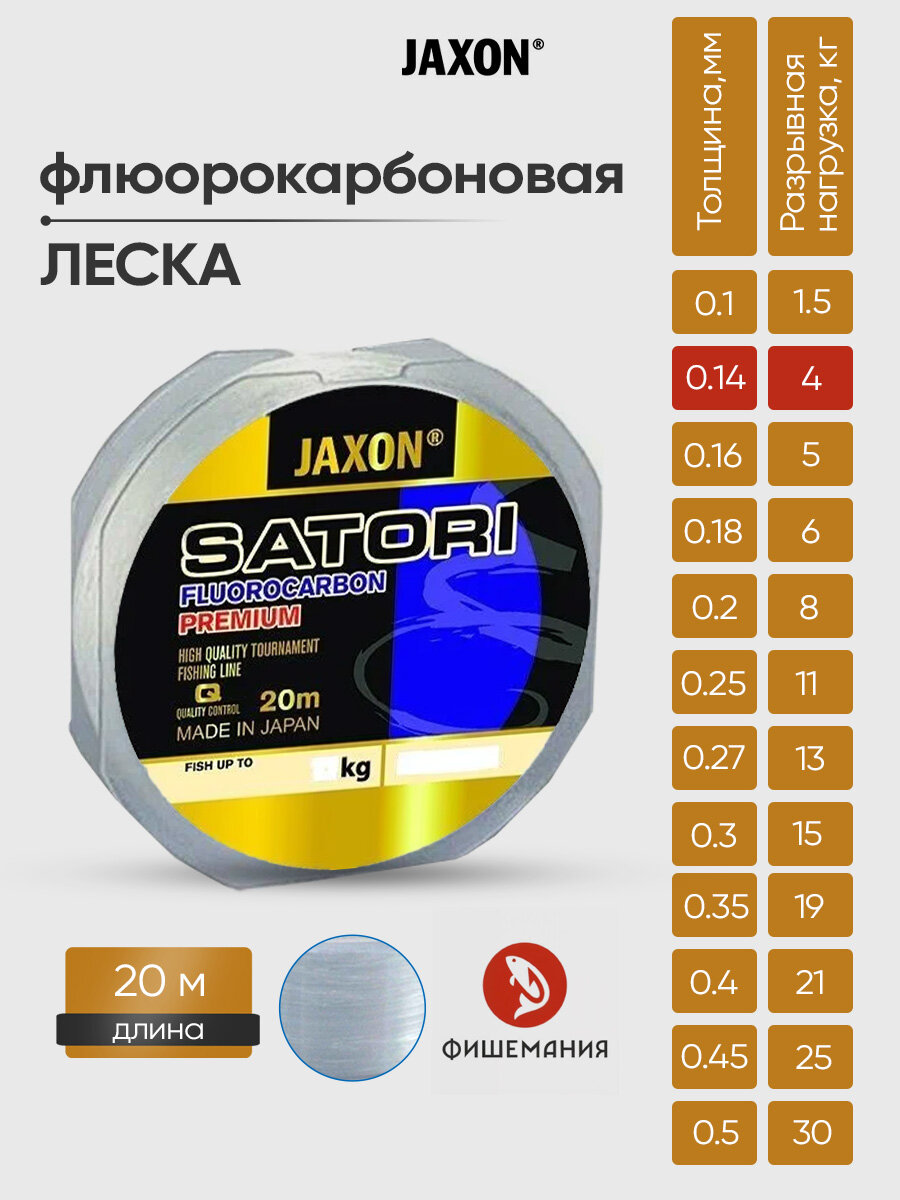 Леска флюорокарбоновая для рыбалки Jaxon Satori Fluorocarbon premium 0.14 мм 20 м