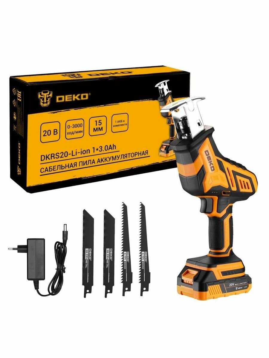 Сабельная пила аккумуляторная DEKO DKRS20-Li-ion, 20В, 1x3.0Ач