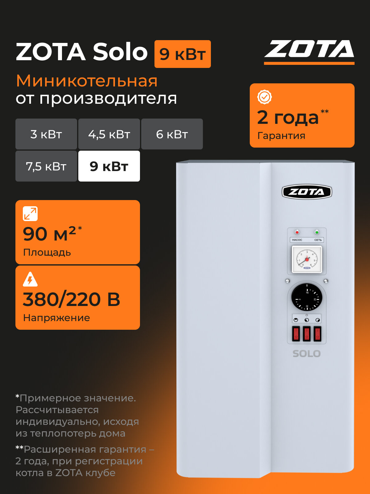 Котел электрический ZOTA Solo 9 кВт (90 м2) / Одноконтурный настенный электрокотёл для отопления SL3468420009