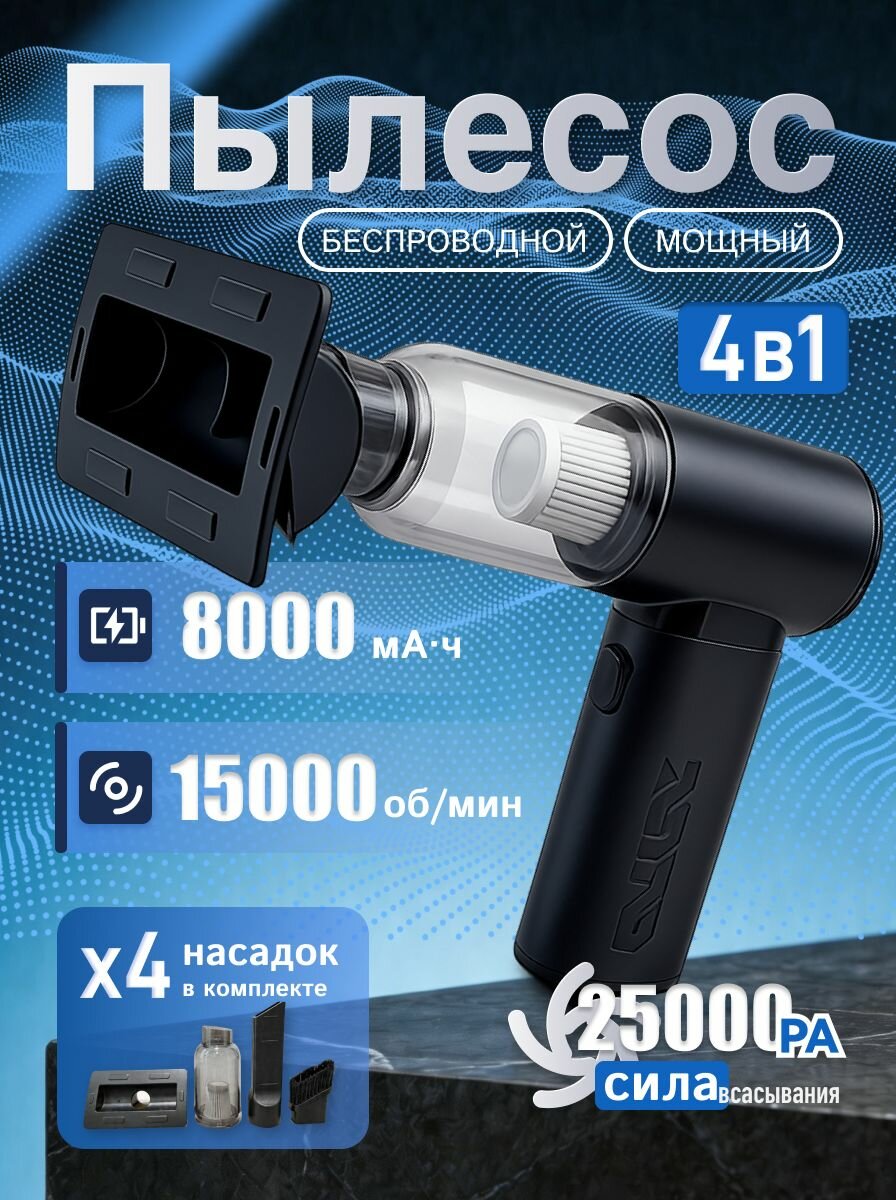 Пылесос беспроводной портативный для автомобиля мощный для очистки салона авто и интерьера