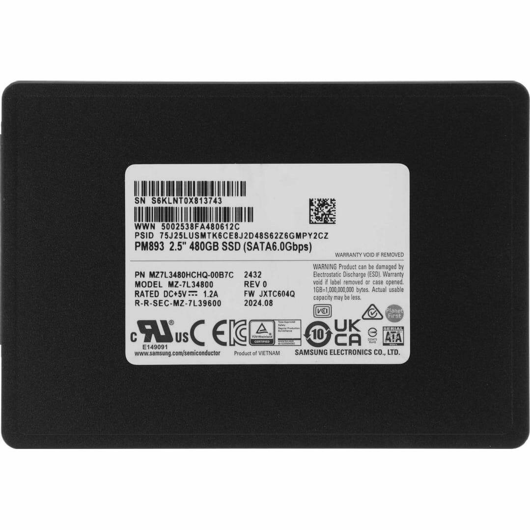SSD накопитель Samsung PM893 MZ7L3480HCHQ-00B7C 480ГБ, 2.5", SATA III, SATA, oem