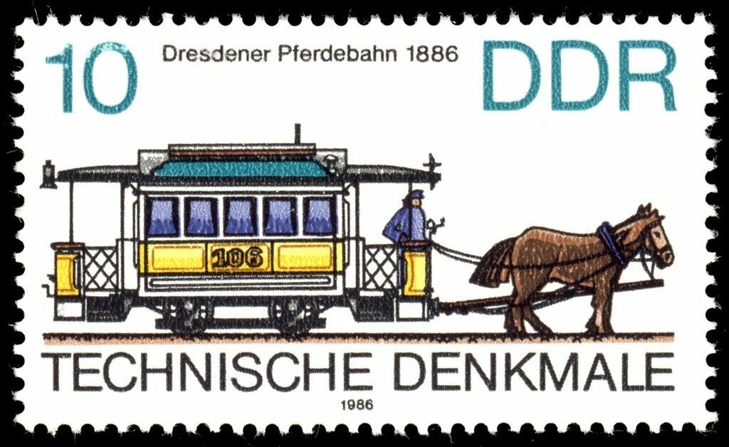 (1986-027) Марка Германия (ГДР) "Конная тяга, Дрезден (1886)" Трамваи II