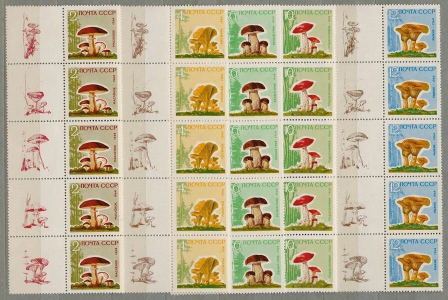 (1964-152-156) Серия Набор сцепок марок с купонами слева (5 шт) СССР Грибы III O