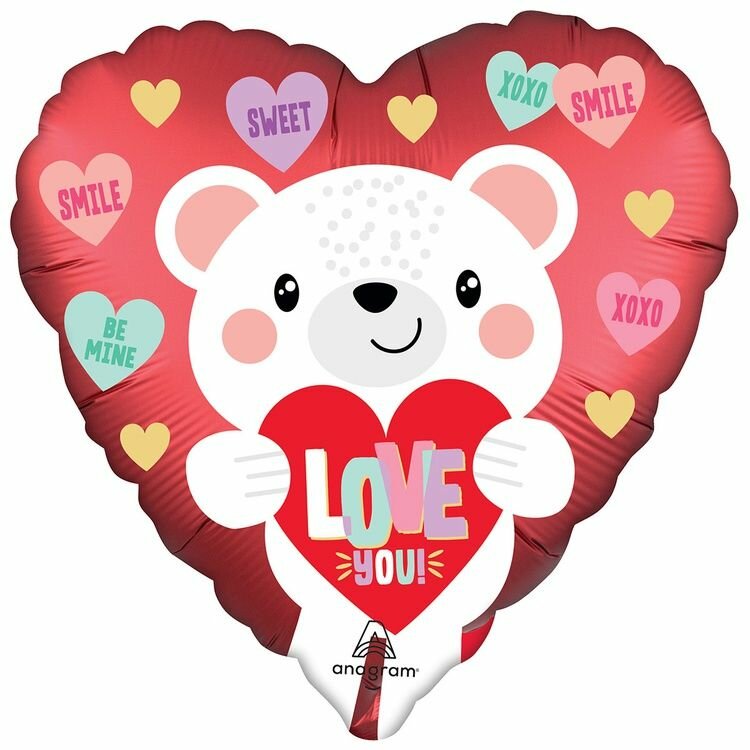Воздушный шарик Anagram сердце, 18", мишка белый, Love you, сатин