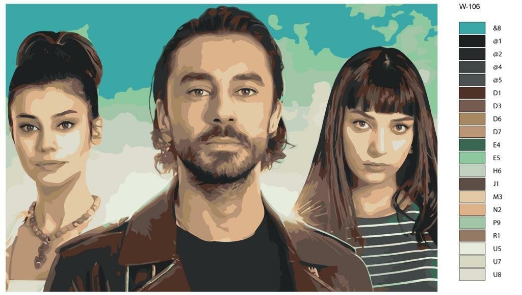 Картина по номерам W-106 "Турецкие сериалы - богатые и бедные. Айсель Таштан (актриса Дамла Колбей), Алейна Эрдемли (актриса Элиф Доган) и Каран (актер Гекхан Алкан)" 60х90 см