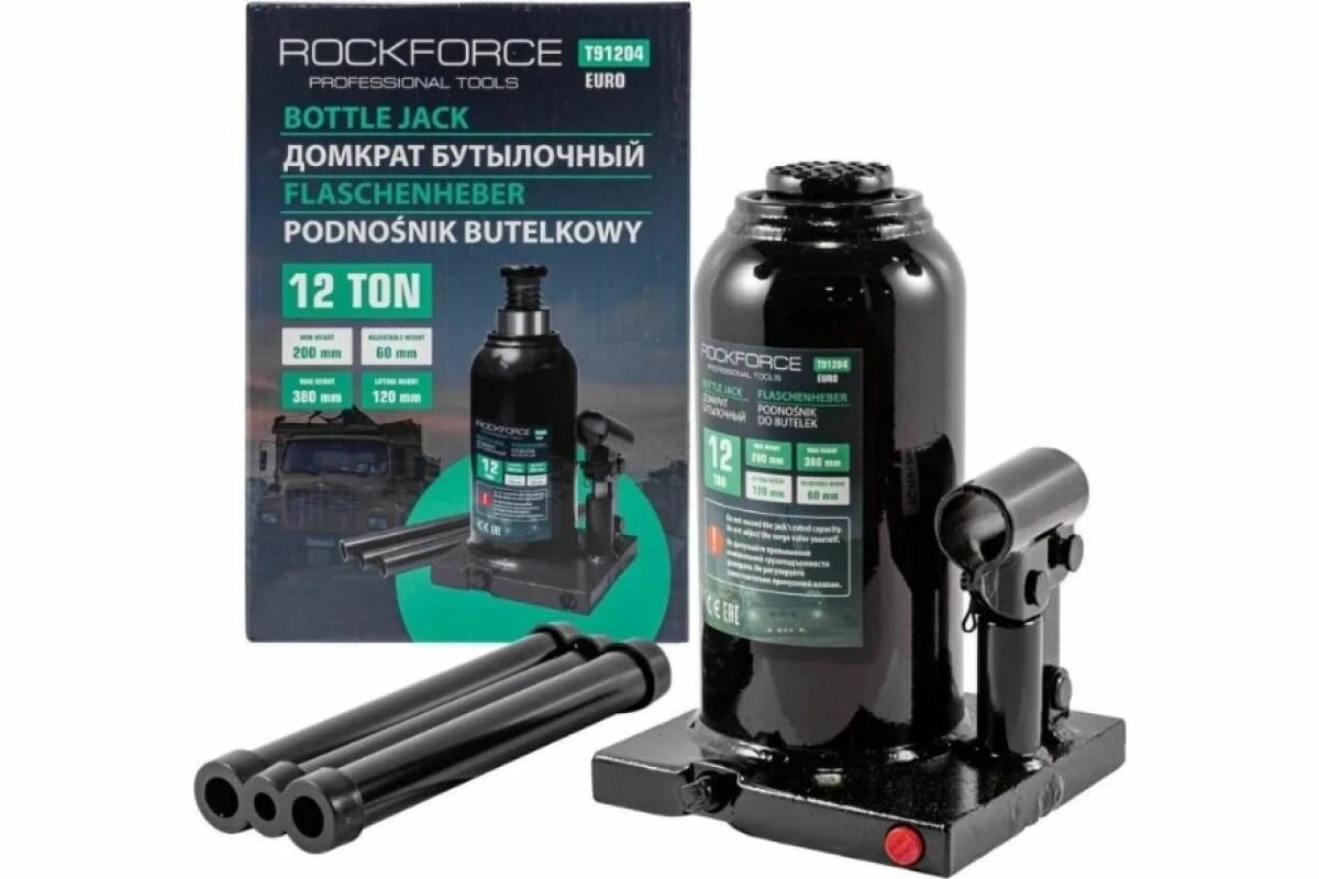 Домкрат гидравлический RF-T91204EURO бутылочный с клапаном 12т (выс. подъема 200-380мм) ROCKFORCE RF-T91204EURO