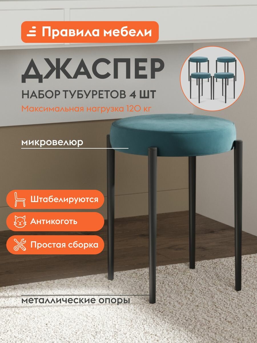 Табурет для кухни Джаспер, круглый, 4 шт, 34х34х49 см, Синий, микровелюр / Черный, металл