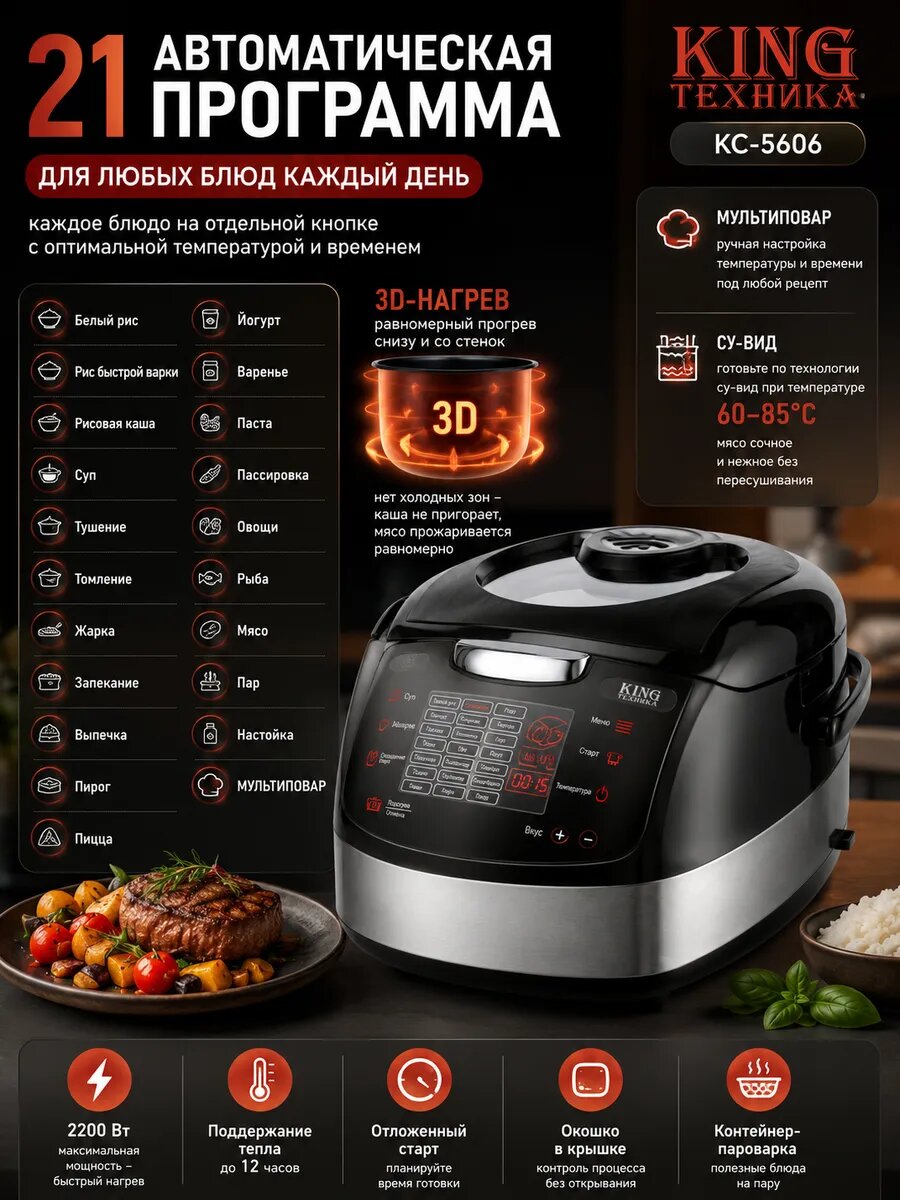 Мультикухня Professional, 21 программа, 5л, Антипригарное покрытие, Черный — фото 1
