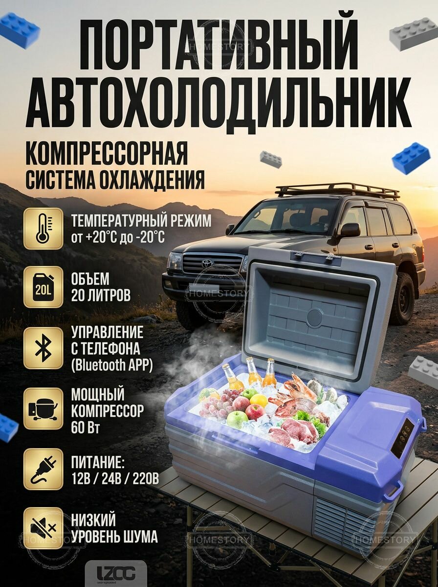 Автохолодильник компрессорный 20л для машины от прикуривателя 12-24-220 вольта портативный