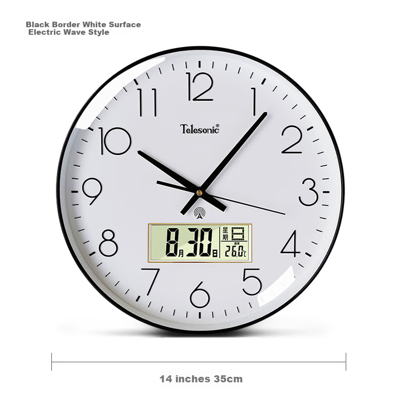 Telesonic Living Room Clock Household Automatic Synchronization Clock Perpetual Calendar Temperature Wall Clock Wall-mounted Non-perforated Radio-controlled Clock 36cm