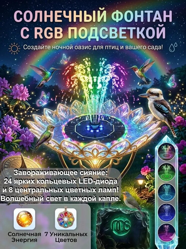Садовый фонтан с солнечной панелью, RGB подсветка, 0.35 м3/час, черный, 16.5x16.5x10 см — фото 1