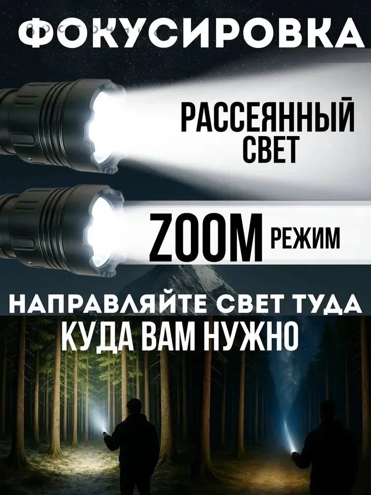 Фонарь ручной LASER LIGHT, черный, 5000м, 18 часов работы, 100% металл, IP68, Power Bank — фото 1