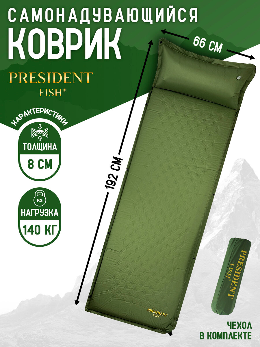 Коврик самонадувающийся "President Fish" для туризма 8см 8898003