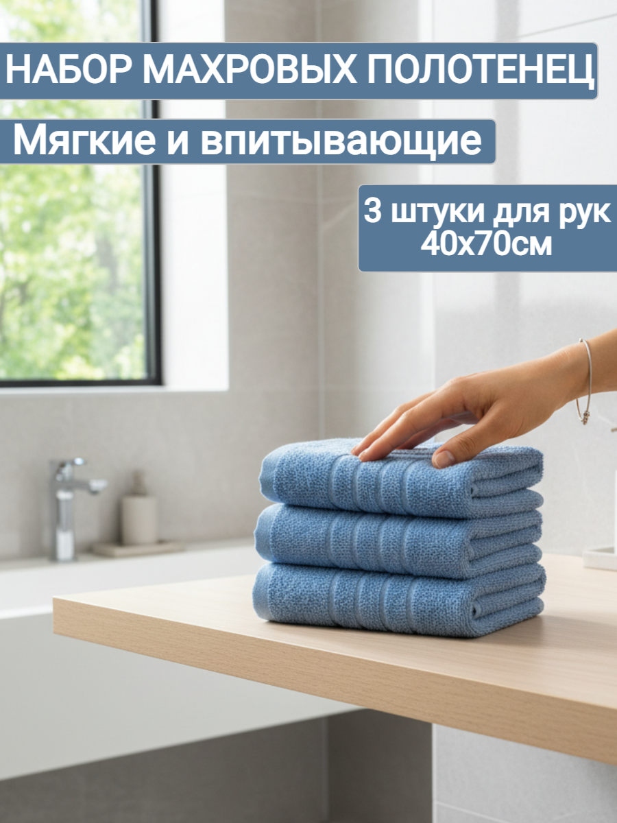 Набор полотенец для рук в ванную, 40x70-3 шт, С204-204-204 голубой, Плотн. 430 гр/м2