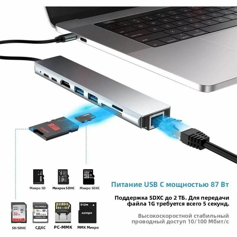 USB-концентратор 8-в-1 с Type-C, HDMI, RJ45, PD зарядкой и слотами для карт TF/SD - компактный док-станция для ноутбука и ПК