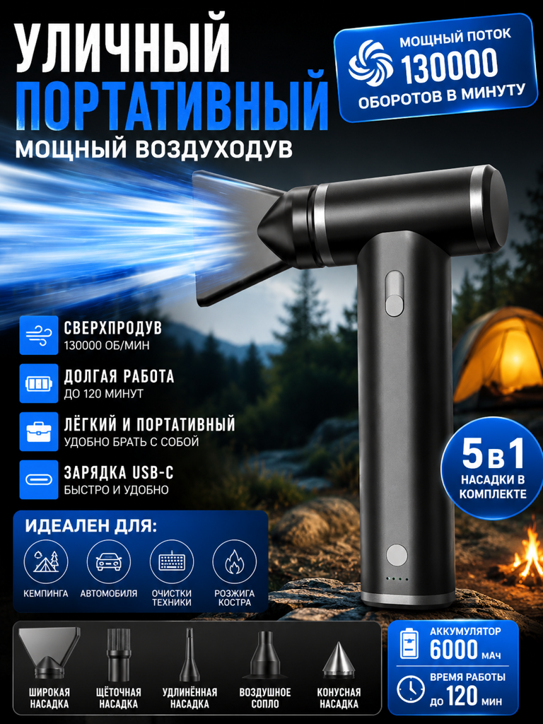 Беспроводная воздуходувка турбовентилятор для авто и ПК, портативный очиститель пыли клавиатуры 160Вт