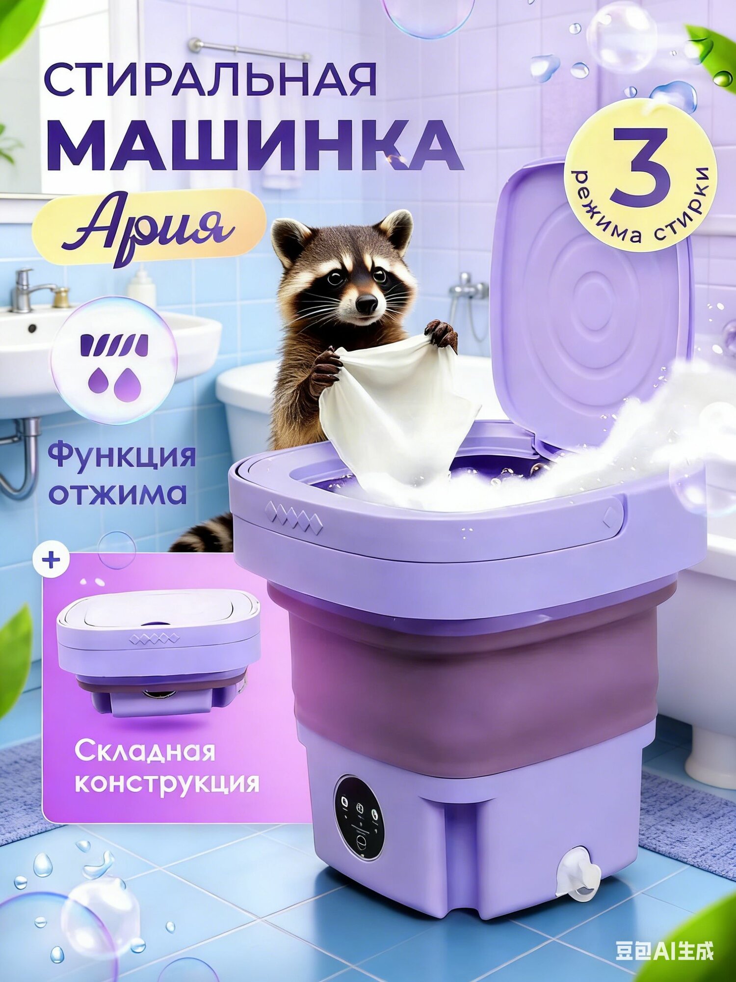 Мини стиральная машина с отжимом для путешествий и дачи, 9л, 1.4кг Функция стерилизации 99% Замена ручной стирки за 10 минут