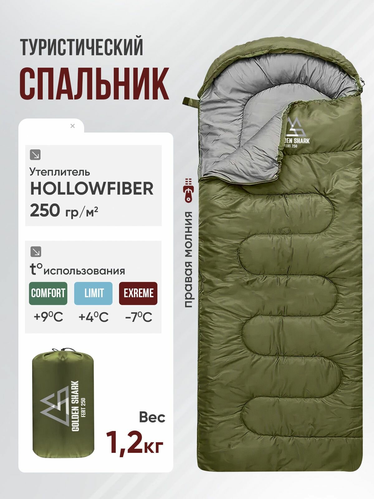 Спальный мешок туристический GOLDEN SHARK Fert 250 R, правая молния
