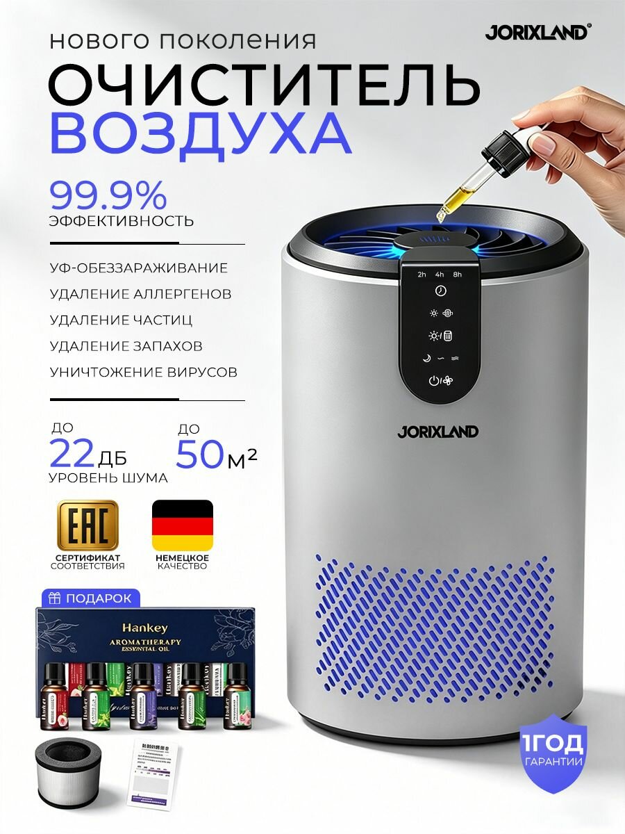 Очиститель воздуха для дома до 50 м от пыли, шерсти, аллергенов и запахов с фильтром HEPA H13, UV дезинфекция и ионизация