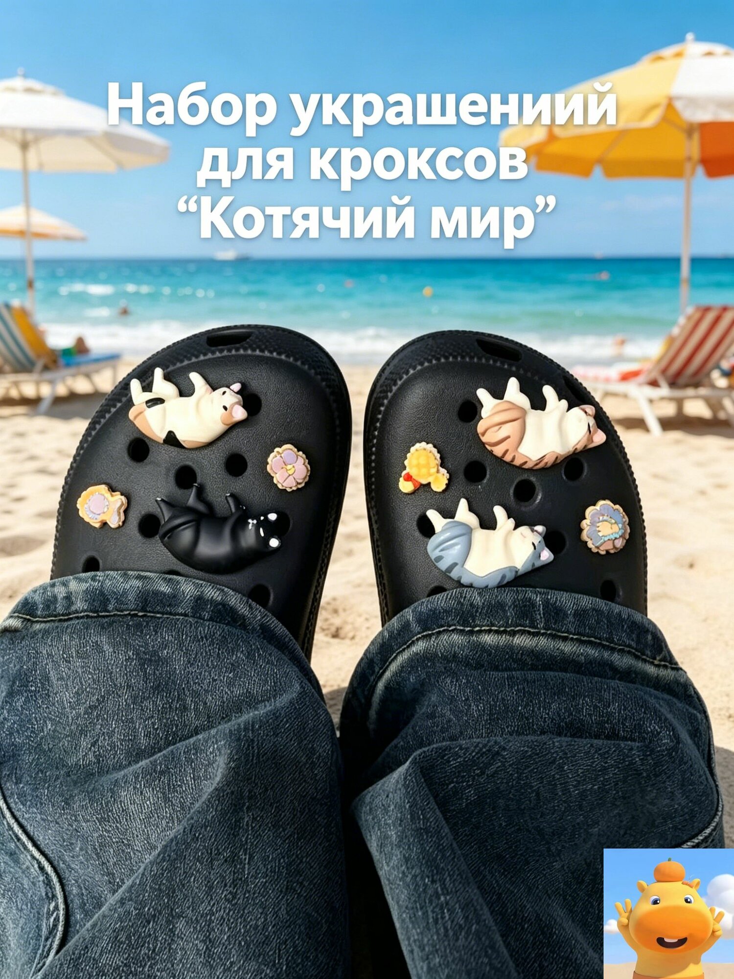 Набор объемных декоративных бусин для кроксов, фигурки милых кошек и десертов 8 шт